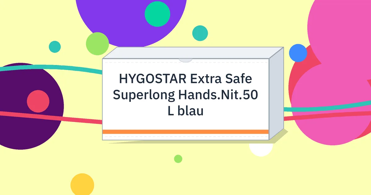 Symbolbild: Packung mit der Aufschrift HYGOSTAR Extra Safe Superlong Hands.Nit.50 L blau (PZN 20773572) – Verfügbarkeit und Bezug in Apotheken in Frankfurt am Main