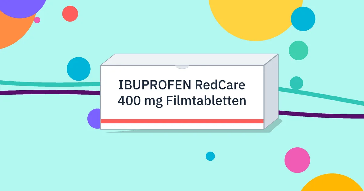 Symbolbild: Packung mit der Aufschrift IBUPROFEN RedCare 400 mg Filmtabletten (PZN 15814955) – Verfügbarkeit und Bezug in Apotheken in Frankfurt am Main
