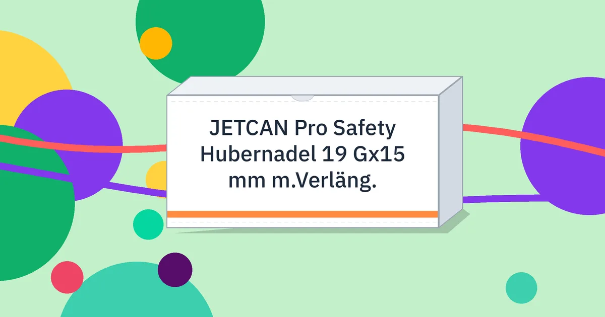 Symbolbild: Packung mit der Aufschrift JETCAN Pro Safety Hubernadel 19 Gx15 mm m.Verläng. (PZN 19420957) – Verfügbarkeit und Bezug in Apotheken in Frankfurt am Main