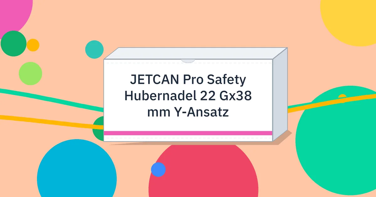 Symbolbild: Packung mit der Aufschrift JETCAN Pro Safety Hubernadel 22 Gx38 mm Y-Ansatz (PZN 19421098) – Verfügbarkeit und Bezug in Apotheken in Frankfurt am Main