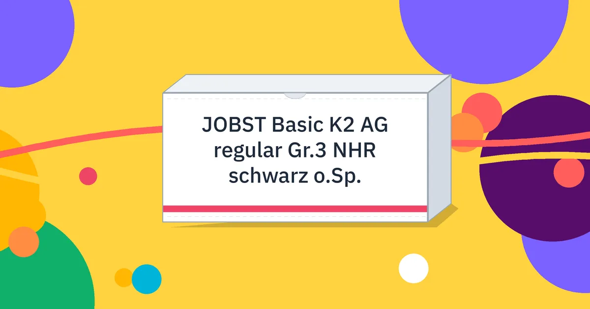 Symbolbild: Packung mit der Aufschrift JOBST Basic K2 AG regular Gr.3 NHR schwarz o.Sp. (PZN 15311585) – Verfügbarkeit und Bezug in Apotheken in Frankfurt am Main