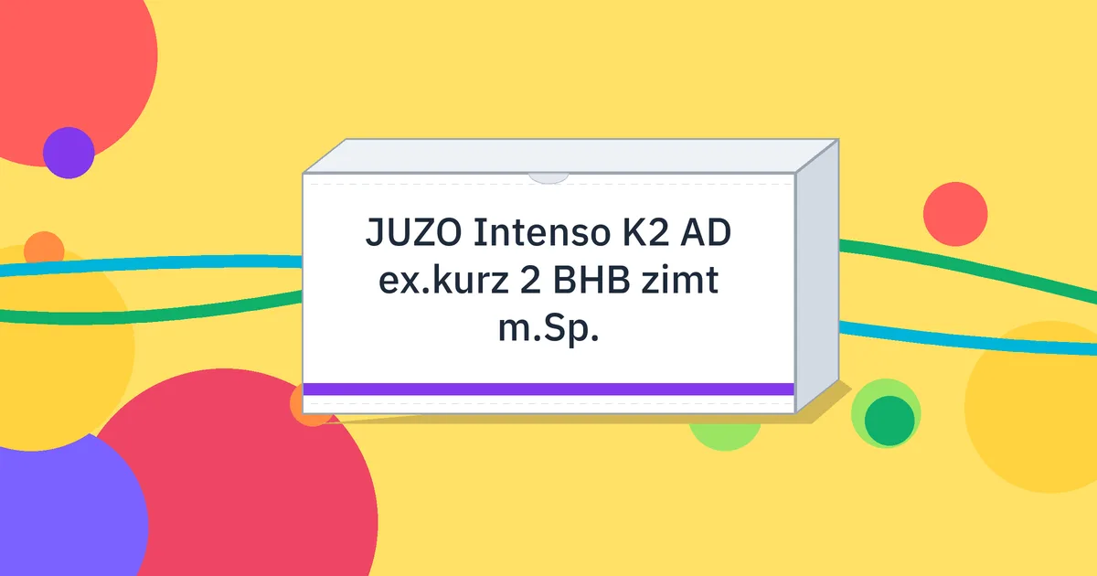 Symbolbild: Packung mit der Aufschrift JUZO Intenso K2 AD ex.kurz 2 BHB zimt m.Sp. (PZN 18614990) – Verfügbarkeit und Bezug in Apotheken in Frankfurt am Main