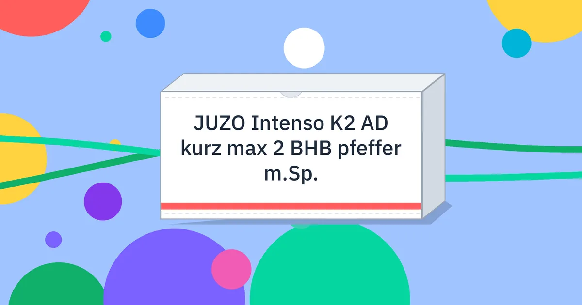 Symbolbild: Packung mit der Aufschrift JUZO Intenso K2 AD kurz max 2 BHB pfeffer m.Sp. (PZN 18615512) – Verfügbarkeit und Bezug in Apotheken in Frankfurt am Main