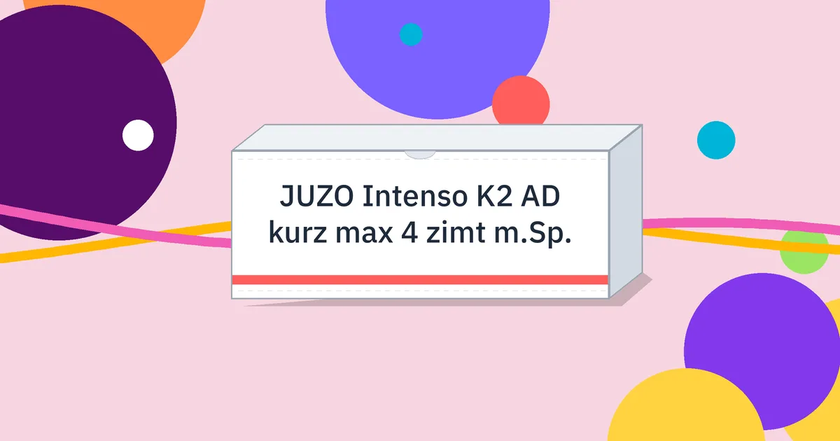 Symbolbild: Packung mit der Aufschrift JUZO Intenso K2 AD kurz max 4 zimt m.Sp. (PZN 18608558) – Verfügbarkeit und Bezug in Apotheken in Frankfurt am Main