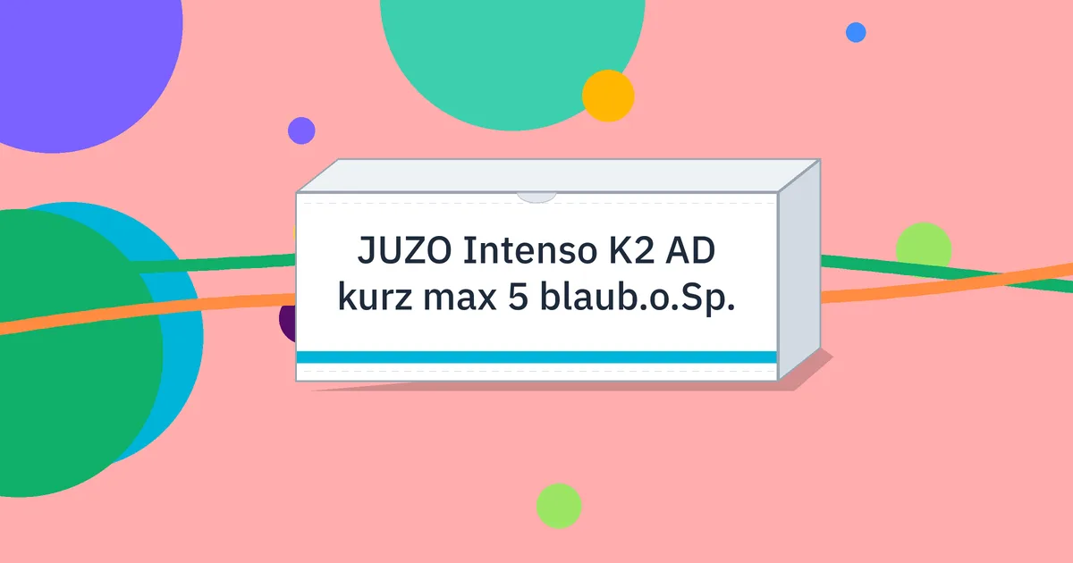 Symbolbild: Packung mit der Aufschrift JUZO Intenso K2 AD kurz max 5 blaub.o.Sp. (PZN 18619272) – Verfügbarkeit und Bezug in Apotheken in Frankfurt am Main