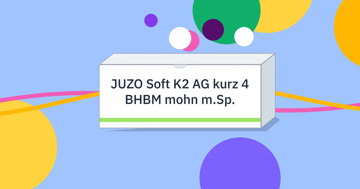 Symbolbild: Packung mit der Aufschrift JUZO Soft K2 AG kurz 4 BHBM mohn m.Sp. (PZN 14859855) – Verfügbarkeit und Bezug in Apotheken in Frankfurt am Main