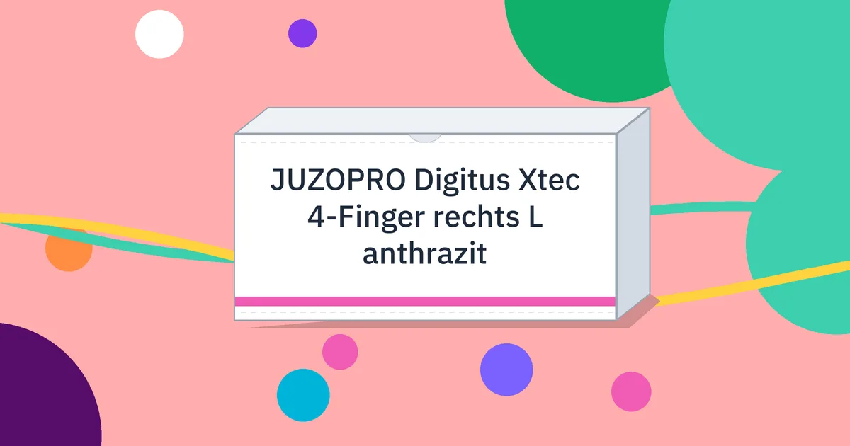Symbolbild: Packung mit der Aufschrift JUZOPRO Digitus Xtec 4-Finger rechts L anthrazit (PZN 16766508) – Verfügbarkeit und Bezug in Apotheken in Frankfurt am Main
