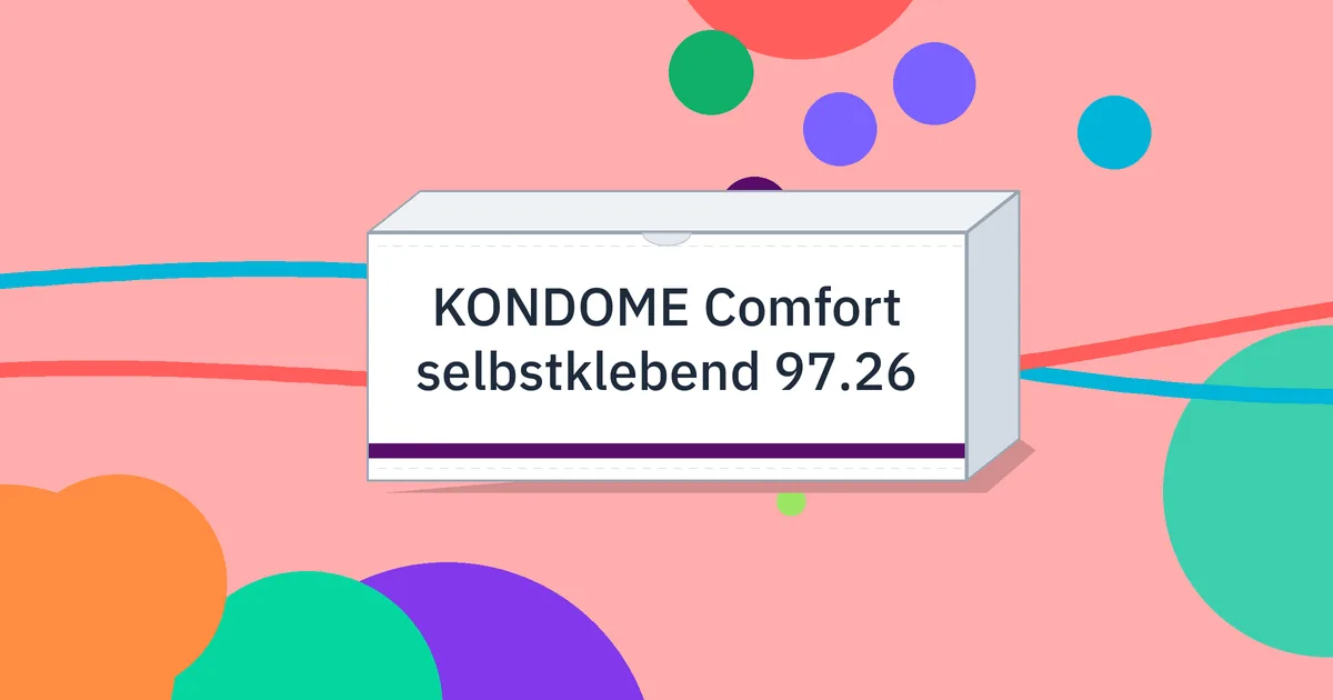 Symbolbild: Packung mit der Aufschrift KONDOME Comfort selbstklebend 97.26 (PZN 00590705) – Verfügbarkeit und Bezug in Apotheken in Frankfurt am Main