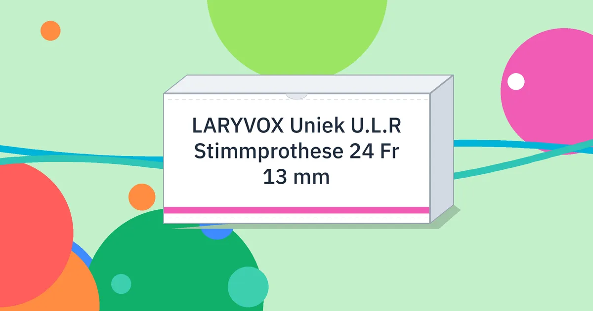Symbolbild: Packung mit der Aufschrift LARYVOX Uniek U.L.R Stimmprothese 24 Fr 13 mm (PZN 18791485) – Verfügbarkeit und Bezug in Apotheken in Frankfurt am Main