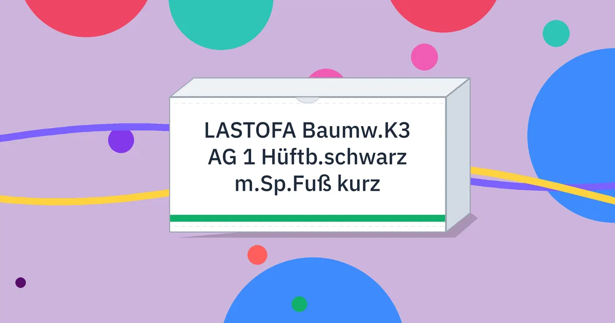 Symbolbild: Packung mit der Aufschrift LASTOFA Baumw.K3 AG 1 Hüftb.schwarz m.Sp.Fuß kurz (PZN 01956568) – Verfügbarkeit und Bezug in Apotheken in Frankfurt am Main