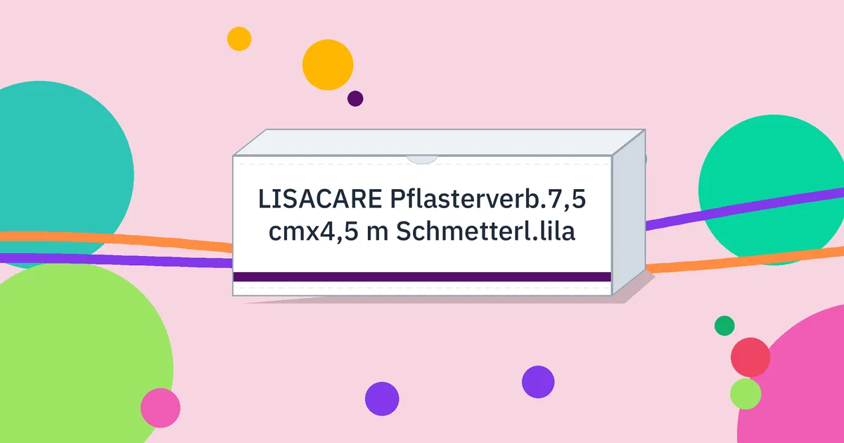 Symbolbild: Packung mit der Aufschrift LISACARE Pflasterverb.7,5 cmx4,5 m Schmetterl.lila (PZN 17892818) – Verfügbarkeit und Bezug in Apotheken in Frankfurt am Main