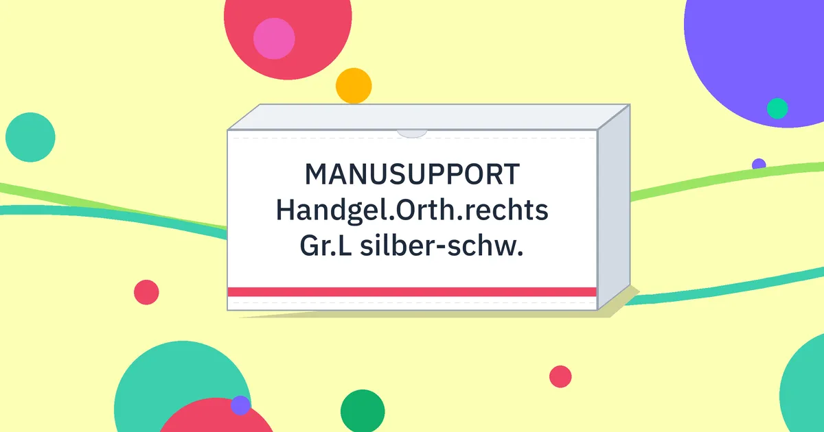 Symbolbild: Packung mit der Aufschrift MANUSUPPORT Handgel.Orth.rechts Gr.L silber-schw. (PZN 11096977) – Verfügbarkeit und Bezug in Apotheken in Frankfurt am Main