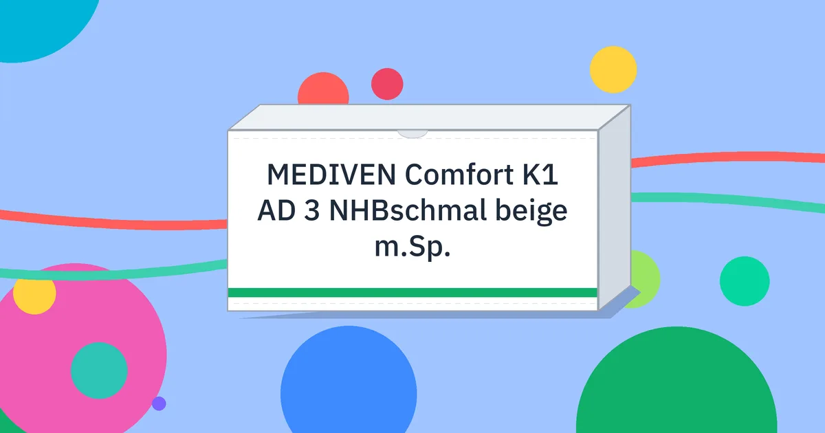 Symbolbild: Packung mit der Aufschrift MEDIVEN Comfort K1 AD 3 NHBschmal beige m.Sp. (PZN 14561995) – Verfügbarkeit und Bezug in Apotheken in Frankfurt am Main