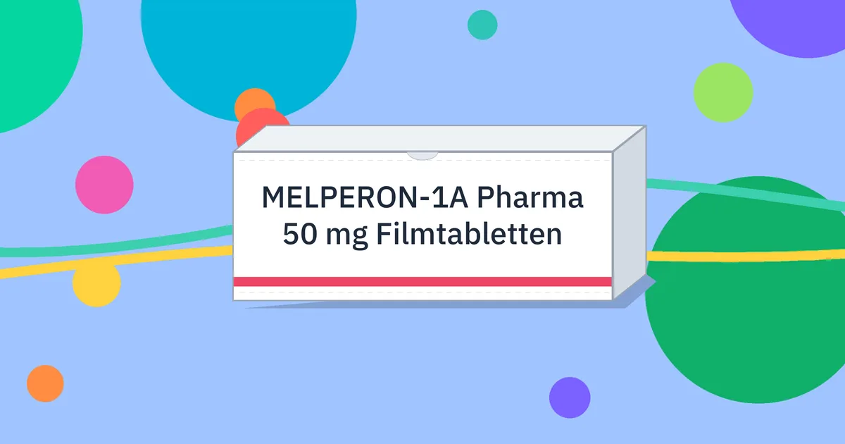 Symbolbild: Packung mit der Aufschrift MELPERON-1A Pharma 50 mg Filmtabletten (PZN 13857558) – Verfügbarkeit und Bezug in Apotheken in Frankfurt am Main