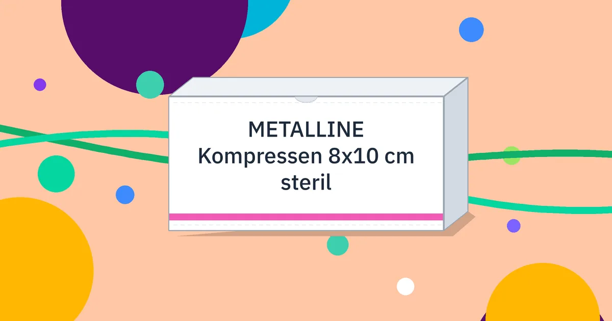 Symbolbild: Packung mit der Aufschrift METALLINE Kompressen 8x10 cm steril (PZN 00635336) – Verfügbarkeit und Bezug in Apotheken in Frankfurt am Main