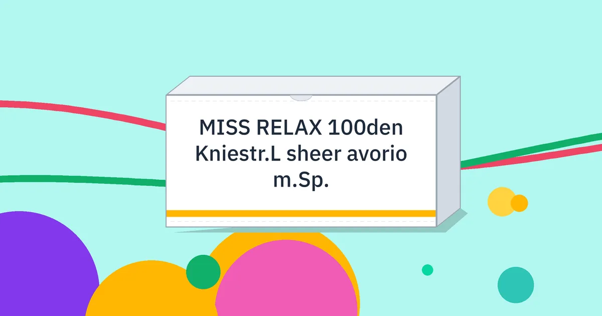 Symbolbild: Packung mit der Aufschrift MISS RELAX 100den Kniestr.L sheer avorio m.Sp. (PZN 04266479) – Verfügbarkeit und Bezug in Apotheken in Frankfurt am Main