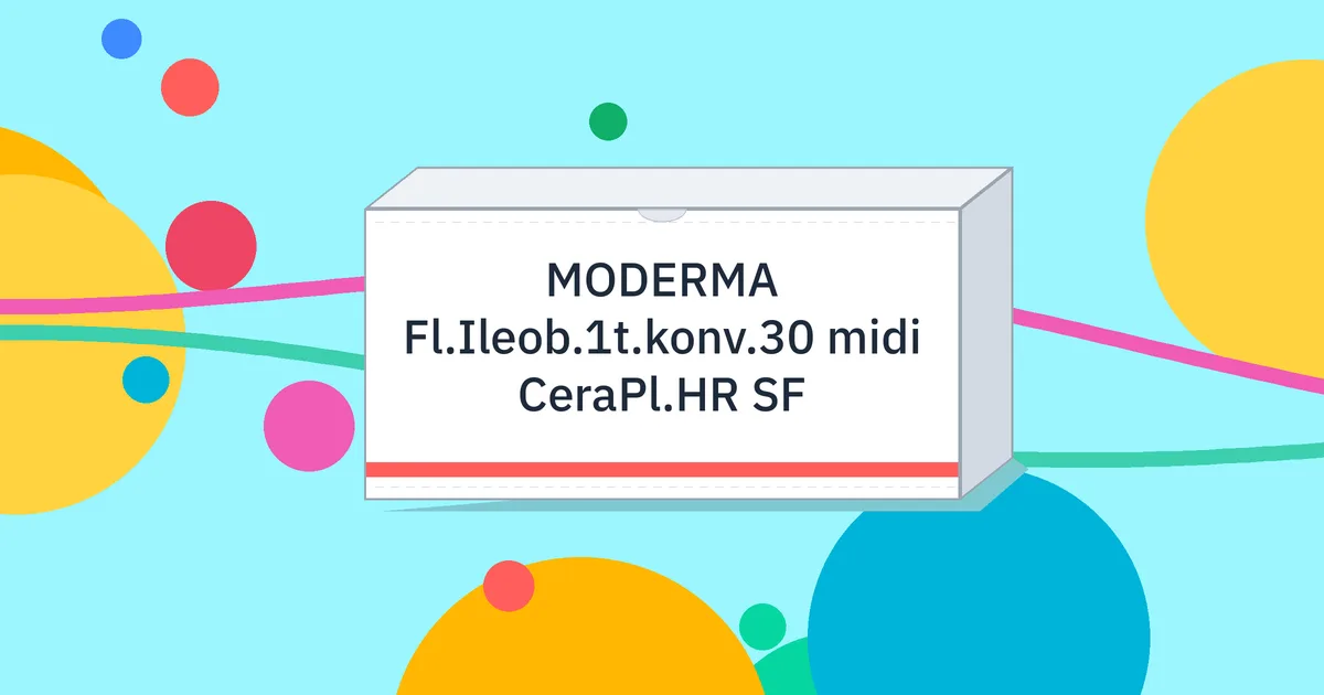 Symbolbild: Packung mit der Aufschrift MODERMA Fl.Ileob.1t.konv.30 midi CeraPl.HR SF (PZN 12417194) – Verfügbarkeit und Bezug in Apotheken in Frankfurt am Main