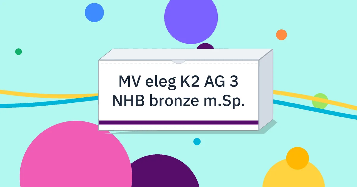 Symbolbild: Packung mit der Aufschrift MV eleg K2 AG 3 NHB bronze m.Sp. (PZN 15730649) – Verfügbarkeit und Bezug in Apotheken in Frankfurt am Main