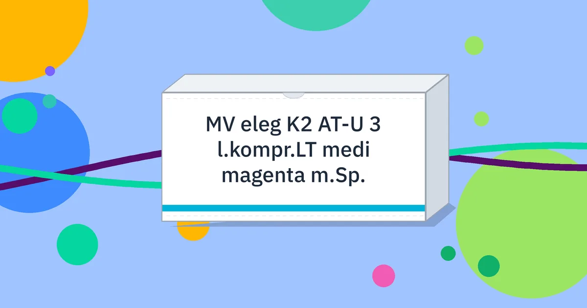 Symbolbild: Packung mit der Aufschrift MV eleg K2 AT-U 3 l.kompr.LT medi magenta m.Sp. (PZN 15289756) – Verfügbarkeit und Bezug in Apotheken in Frankfurt am Main
