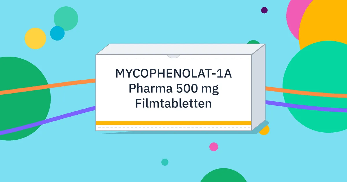 Symbolbild: Packung mit der Aufschrift MYCOPHENOLAT-1A Pharma 500 mg Filmtabletten (PZN 18175148) – Verfügbarkeit und Bezug in Apotheken in Frankfurt am Main