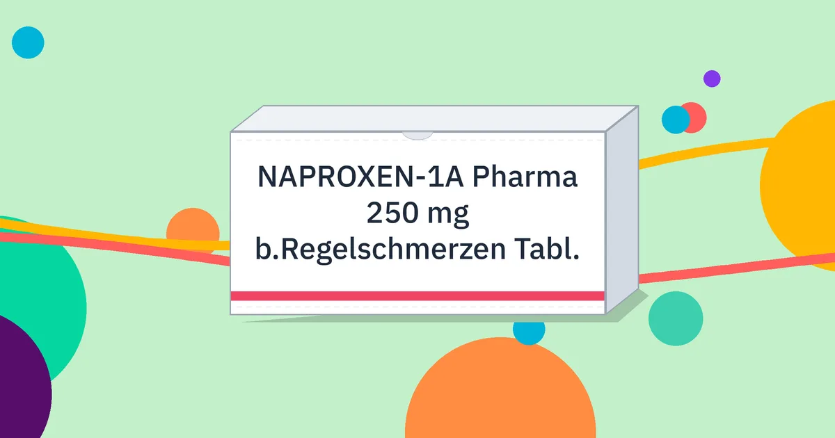 Symbolbild: Packung mit der Aufschrift NAPROXEN-1A Pharma 250 mg b.Regelschmerzen Tabl. (PZN 09245022) – Verfügbarkeit und Bezug in Apotheken in Frankfurt am Main