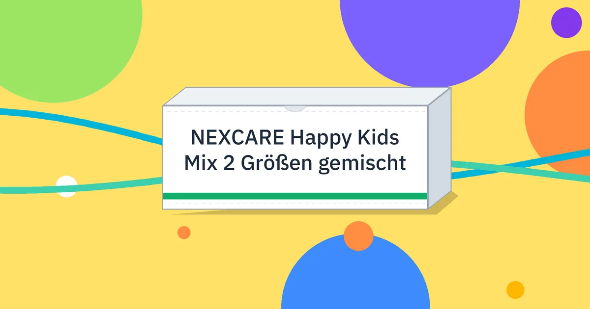 Symbolbild: Packung mit der Aufschrift NEXCARE Happy Kids Mix 2 Größen gemischt (PZN 18097141) – Verfügbarkeit und Bezug in Apotheken in Frankfurt am Main