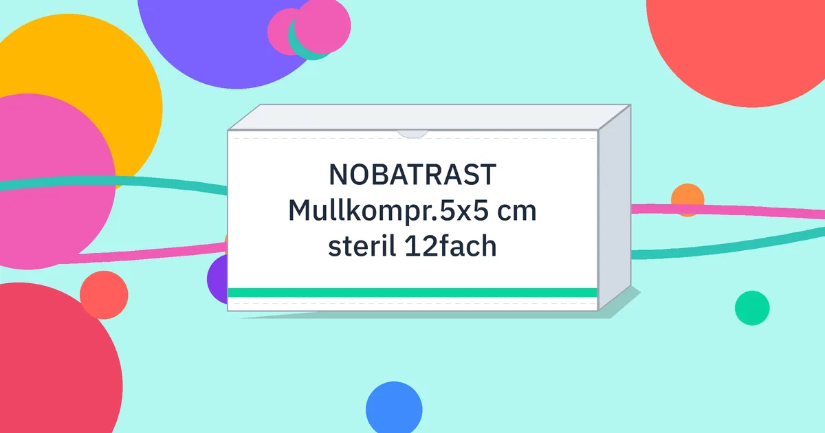 Symbolbild: Packung mit der Aufschrift NOBATRAST Mullkompr.5x5 cm steril 12fach (PZN 08848818) – Verfügbarkeit und Bezug in Apotheken in Frankfurt am Main