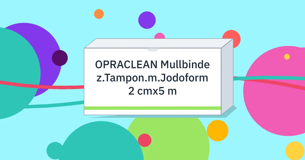 Symbolbild: Packung mit der Aufschrift OPRACLEAN Mullbinde z.Tampon.m.Jodoform 2 cmx5 m (PZN 19054553) – Verfügbarkeit und Bezug in Apotheken in Frankfurt am Main