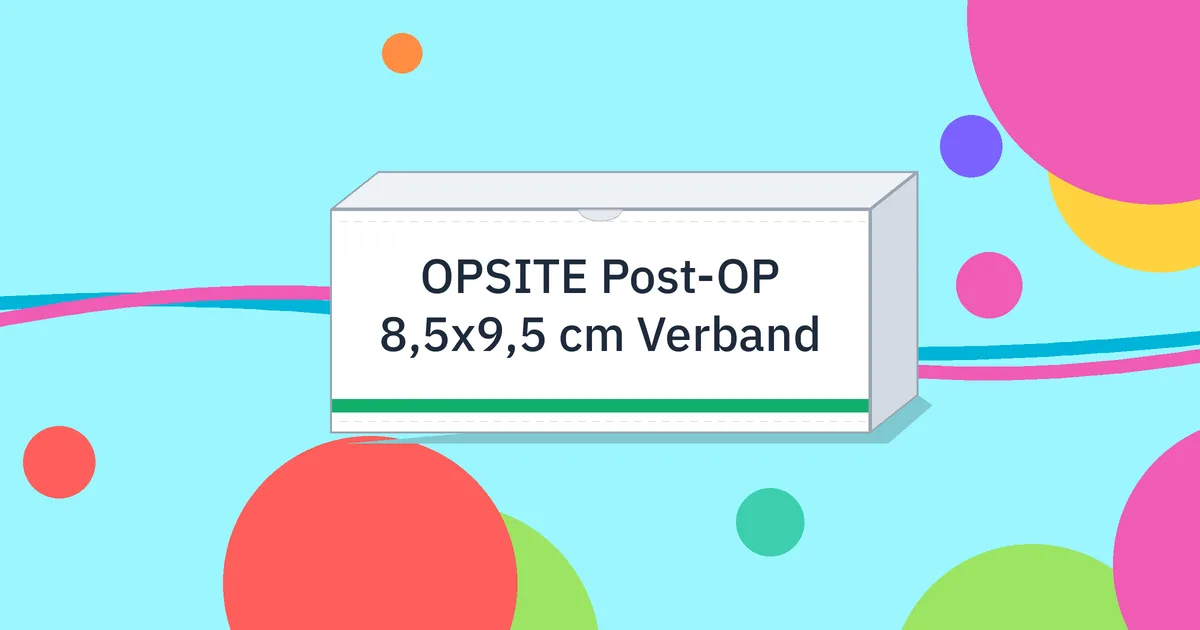 Symbolbild: Packung mit der Aufschrift OPSITE Post-OP 8,5x9,5 cm Verband (PZN 20284117) – Verfügbarkeit und Bezug in Apotheken in Frankfurt am Main
