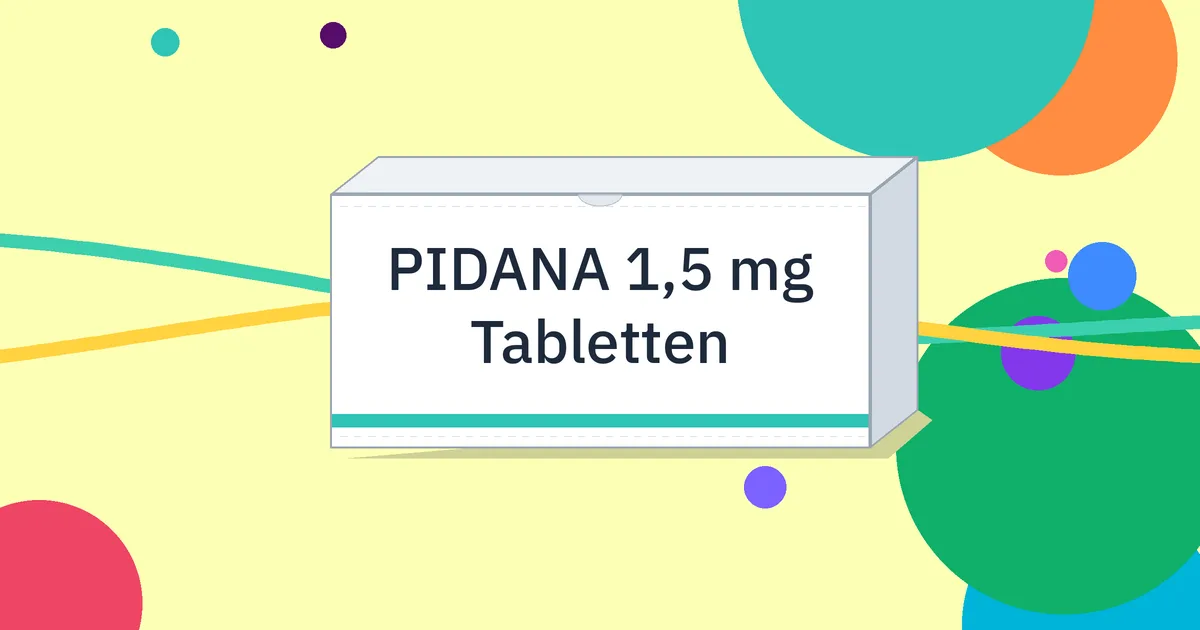 Symbolbild: Packung mit der Aufschrift PIDANA 1,5 mg Tabletten (PZN 16121289) – Verfügbarkeit und Bezug in Apotheken in Frankfurt am Main