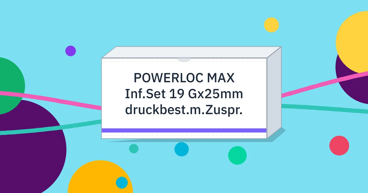 Symbolbild: Packung mit der Aufschrift POWERLOC MAX Inf.Set 19 Gx25mm druckbest.m.Zuspr. (PZN 18816179) – Verfügbarkeit und Bezug in Apotheken in Frankfurt am Main