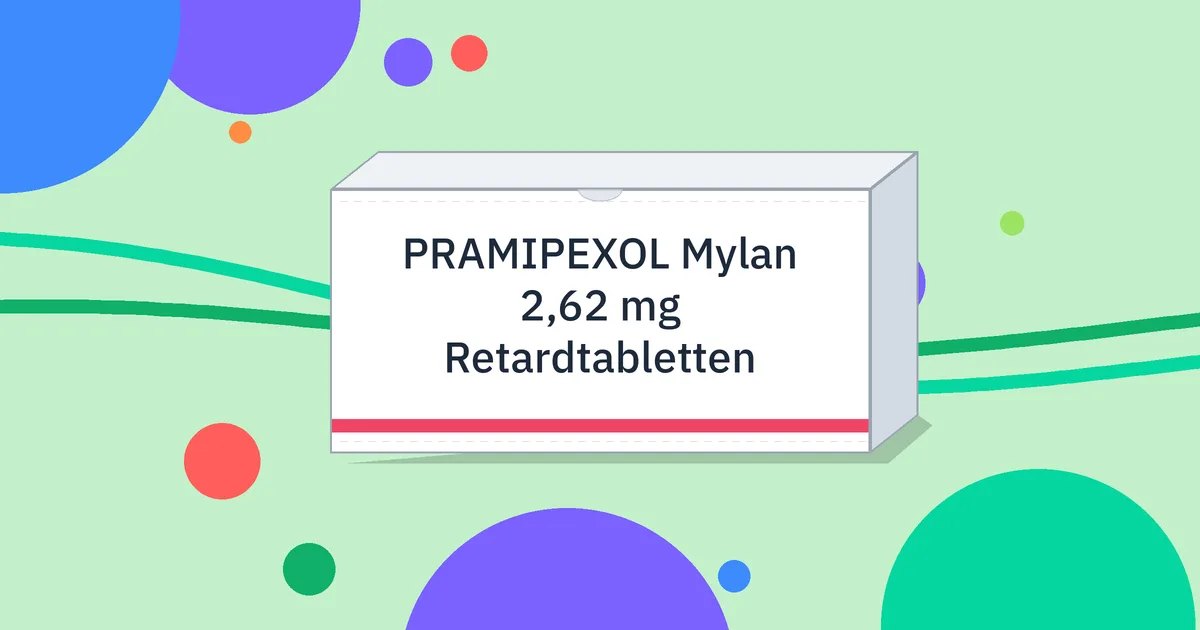 Symbolbild: Packung mit der Aufschrift PRAMIPEXOL Mylan 2,62 mg Retardtabletten (PZN 11095676) – Verfügbarkeit und Bezug in Apotheken in Frankfurt am Main