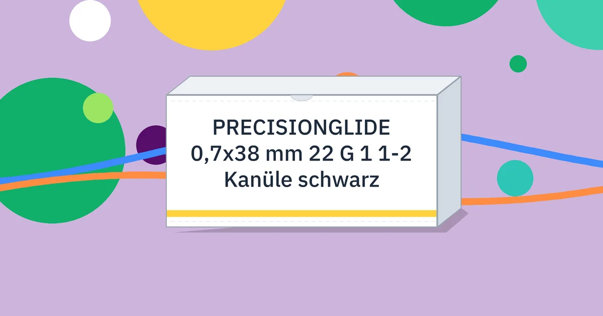 Symbolbild: Packung mit der Aufschrift PRECISIONGLIDE 0,7x38 mm 22 G 1 1-2 Kanüle schwarz (PZN 09769216) – Verfügbarkeit und Bezug in Apotheken in Frankfurt am Main