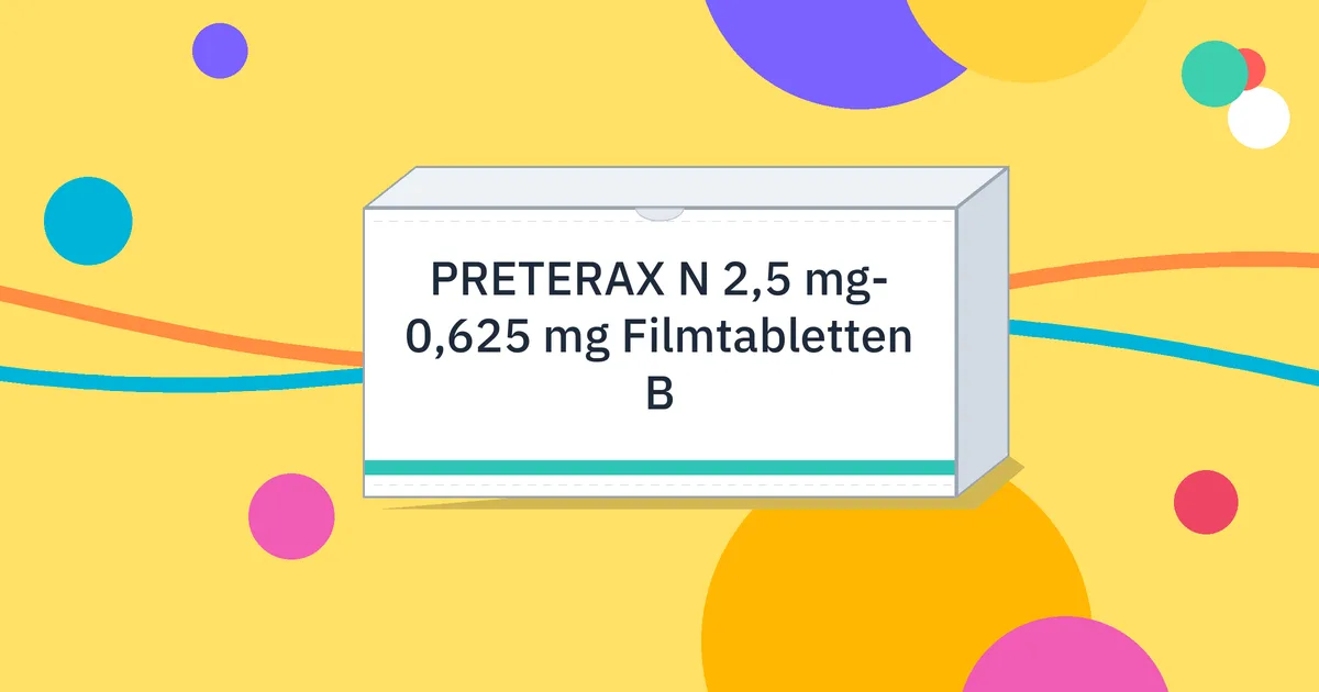 Symbolbild: Packung mit der Aufschrift PRETERAX N 2,5 mg-0,625 mg Filmtabletten B (PZN 12415060) – Verfügbarkeit und Bezug in Apotheken in Frankfurt am Main
