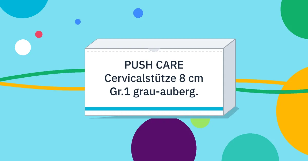 Symbolbild: Packung mit der Aufschrift PUSH CARE Cervicalstütze 8 cm Gr.1 grau-auberg. (PZN 04859311) – Verfügbarkeit und Bezug in Apotheken in Frankfurt am Main