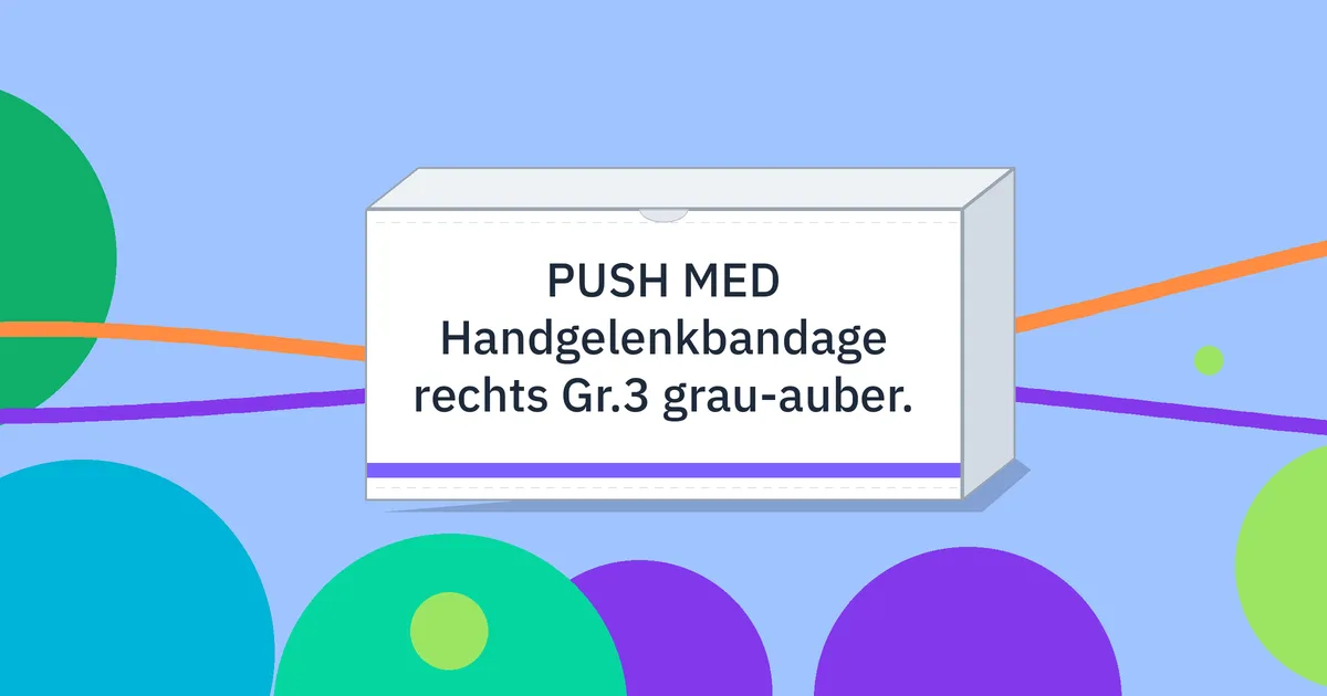 Symbolbild: Packung mit der Aufschrift PUSH MED Handgelenkbandage rechts Gr.3 grau-auber. (PZN 04860828) – Verfügbarkeit und Bezug in Apotheken in Frankfurt am Main
