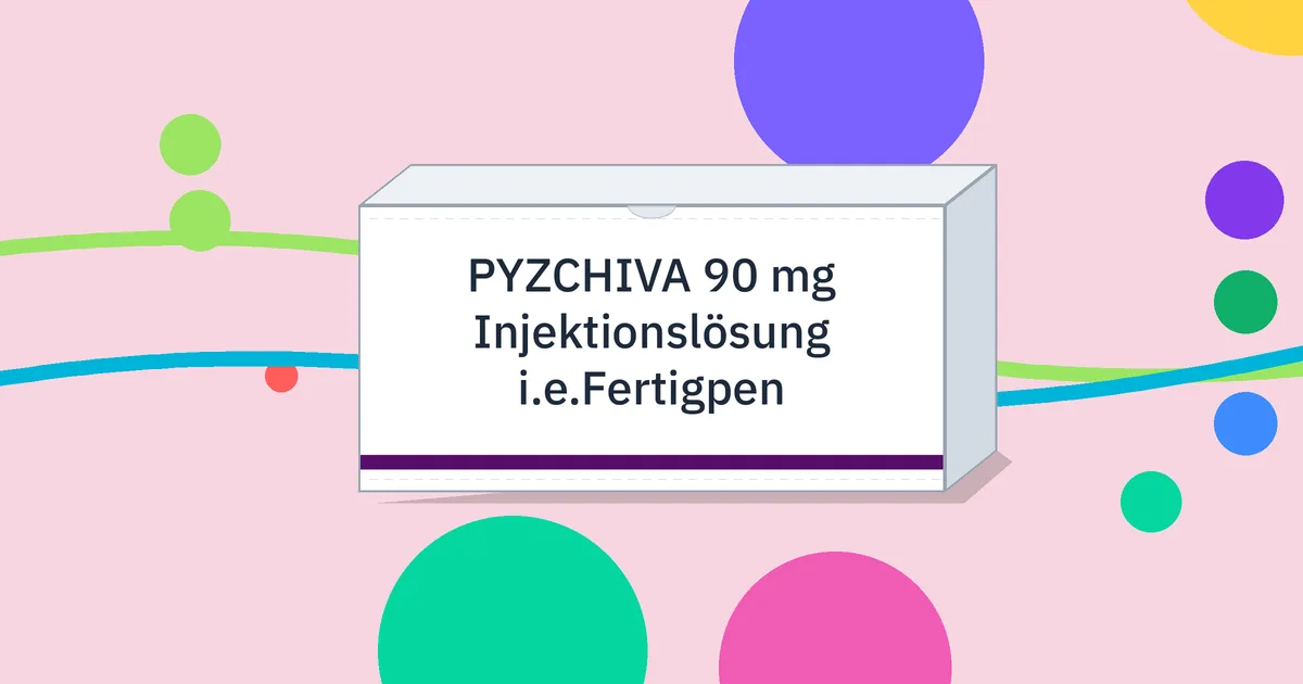 Symbolbild: Packung mit der Aufschrift PYZCHIVA 90 mg Injektionslösung i.e.Fertigpen (PZN 20617369) – Verfügbarkeit und Bezug in Apotheken in Frankfurt am Main