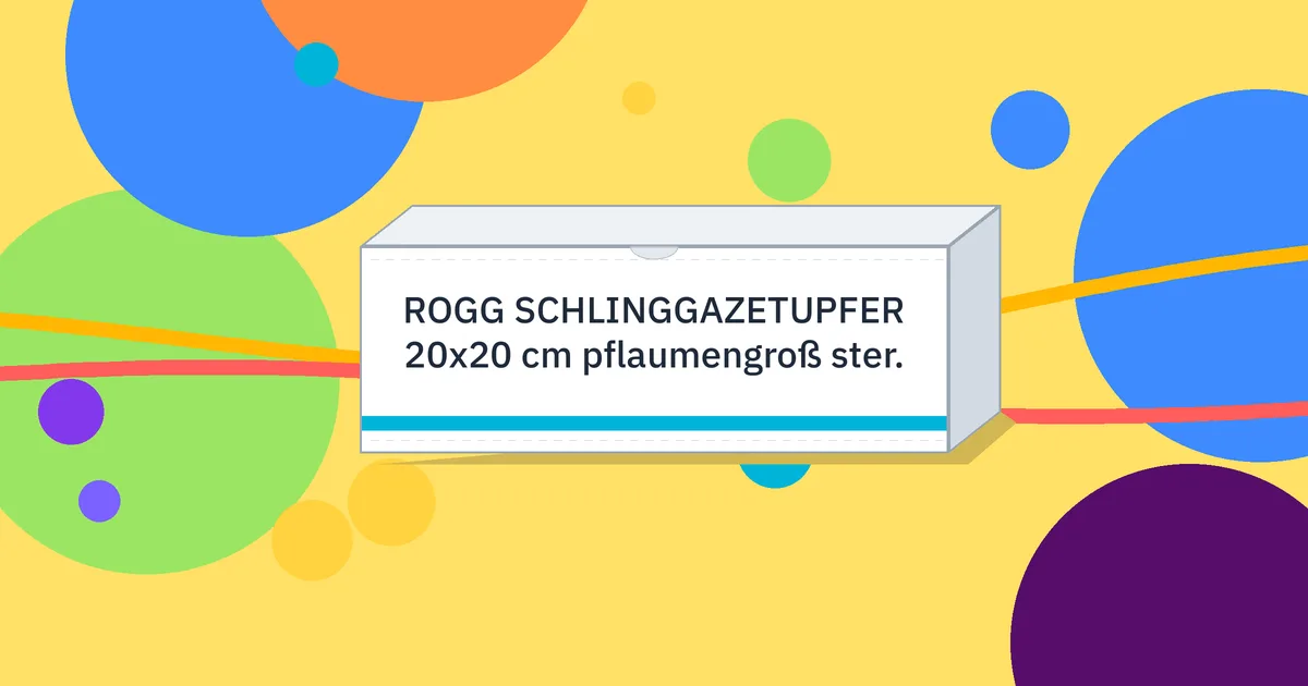 Symbolbild: Packung mit der Aufschrift ROGG SCHLINGGAZETUPFER 20x20 cm pflaumengroß ster. (PZN 15327735) – Verfügbarkeit und Bezug in Apotheken in Frankfurt am Main