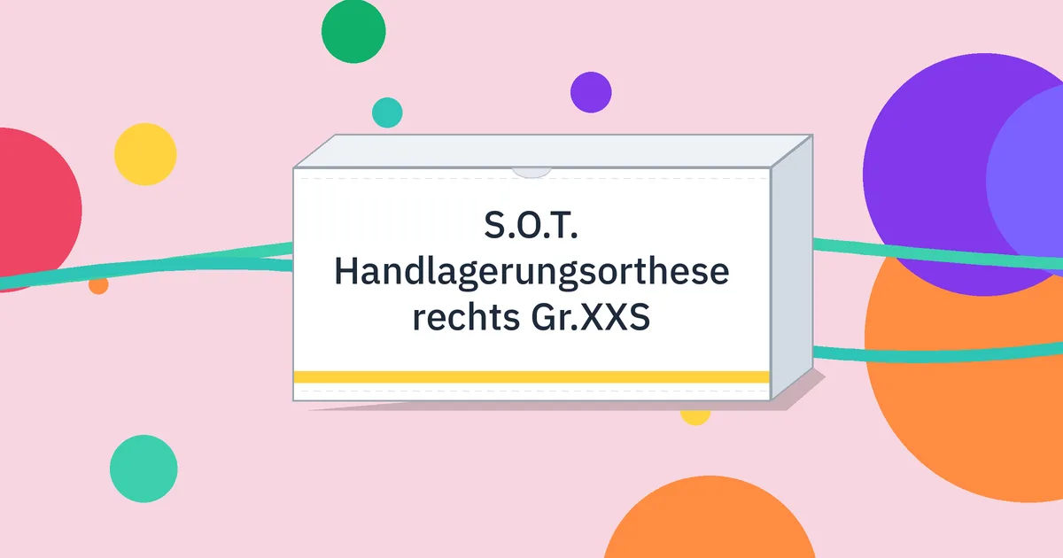 Symbolbild: Packung mit der Aufschrift S.O.T. Handlagerungsorthese rechts Gr.XXS (PZN 15861989) – Verfügbarkeit und Bezug in Apotheken in Frankfurt am Main