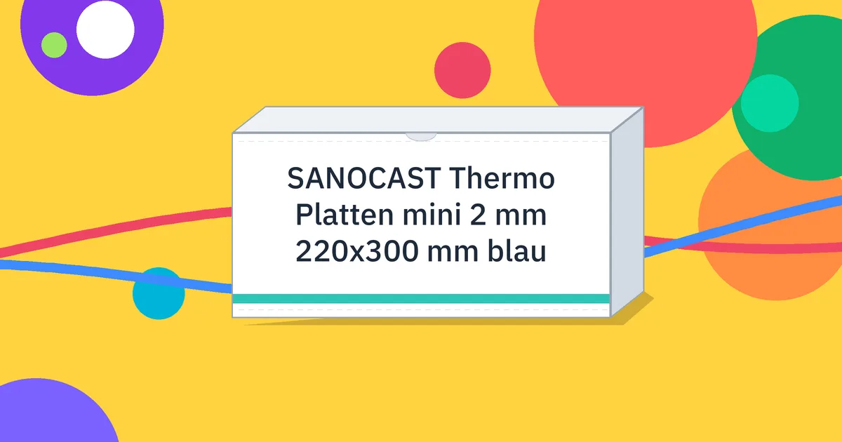 Symbolbild: Packung mit der Aufschrift SANOCAST Thermo Platten mini 2 mm 220x300 mm blau (PZN 15259525) – Verfügbarkeit und Bezug in Apotheken in Frankfurt am Main