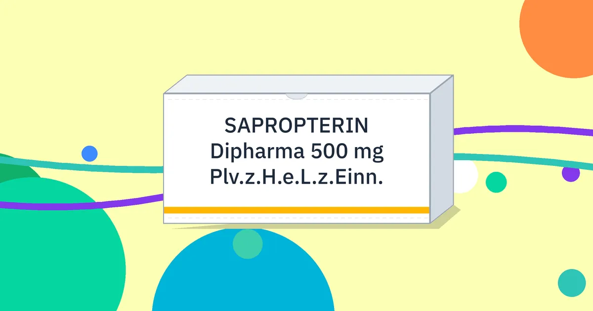 Symbolbild: Packung mit der Aufschrift SAPROPTERIN Dipharma 500 mg Plv.z.H.e.L.z.Einn. (PZN 20087351) – Verfügbarkeit und Bezug in Apotheken in Frankfurt am Main