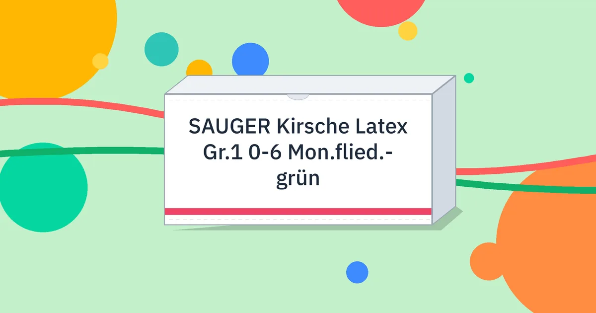 Symbolbild: Packung mit der Aufschrift SAUGER Kirsche Latex Gr.1 0-6 Mon.flied.-grün (PZN 03045954) – Verfügbarkeit und Bezug in Apotheken in Frankfurt am Main