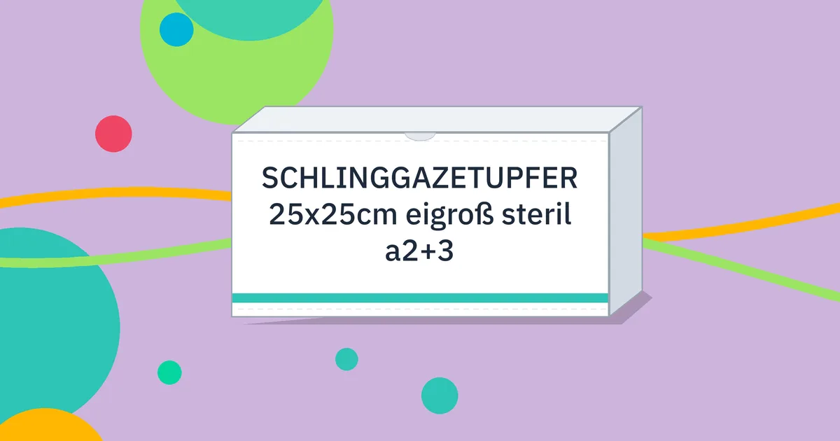 Symbolbild: Packung mit der Aufschrift SCHLINGGAZETUPFER 25x25cm eigroß steril a2+3 (PZN 09946055) – Verfügbarkeit und Bezug in Apotheken in Frankfurt am Main
