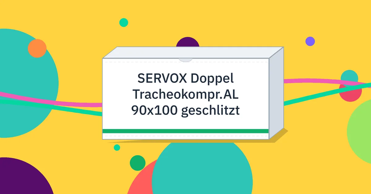 Symbolbild: Packung mit der Aufschrift SERVOX Doppel Tracheokompr.AL 90x100 geschlitzt (PZN 08469498) – Verfügbarkeit und Bezug in Apotheken in Frankfurt am Main