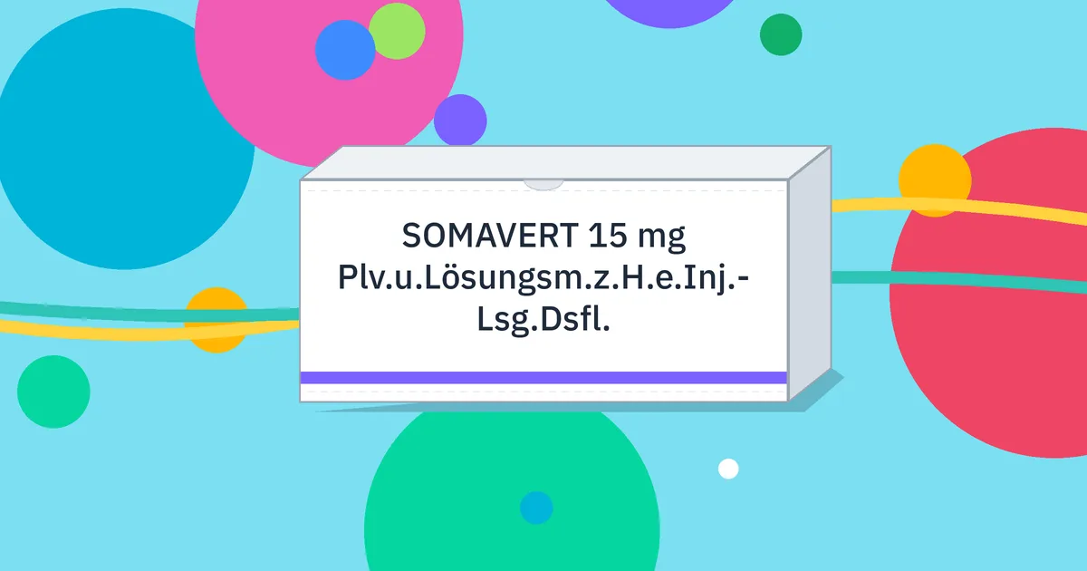 Symbolbild: Packung mit der Aufschrift SOMAVERT 15 mg Plv.u.Lösungsm.z.H.e.Inj.-Lsg.Dsfl. (PZN 19925143) – Verfügbarkeit und Bezug in Apotheken in Frankfurt am Main
