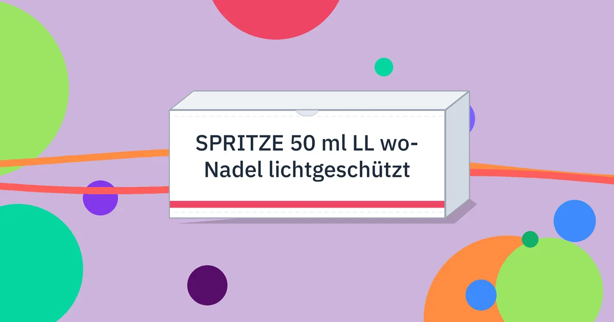 Symbolbild: Packung mit der Aufschrift SPRITZE 50 ml LL wo-Nadel lichtgeschützt (PZN 10558022) – Verfügbarkeit und Bezug in Apotheken in Frankfurt am Main