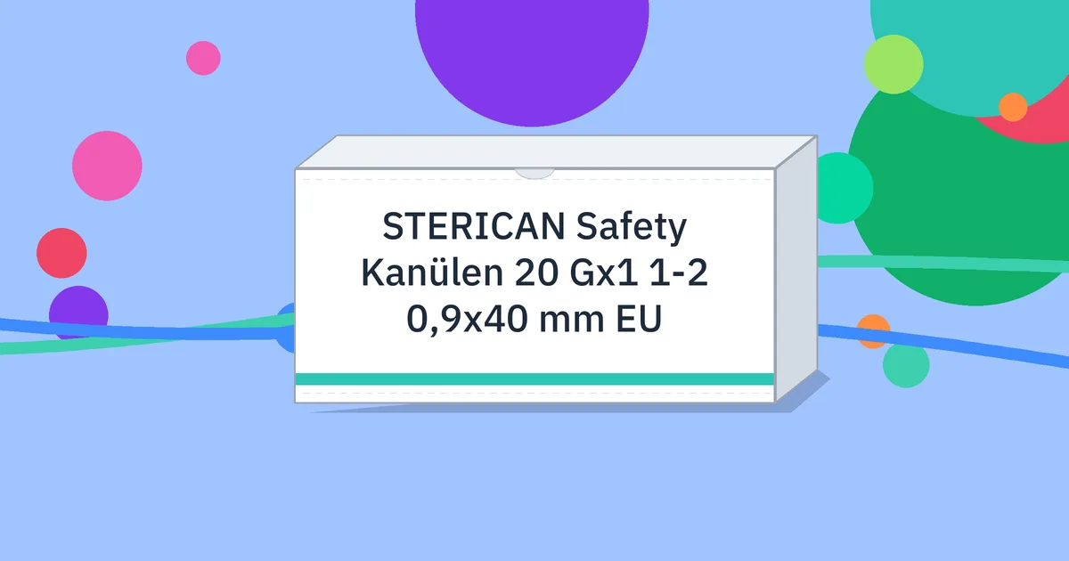 Symbolbild: Packung mit der Aufschrift STERICAN Safety Kanülen 20 Gx1 1-2 0,9x40 mm EU (PZN 15565647) – Verfügbarkeit und Bezug in Apotheken in Frankfurt am Main