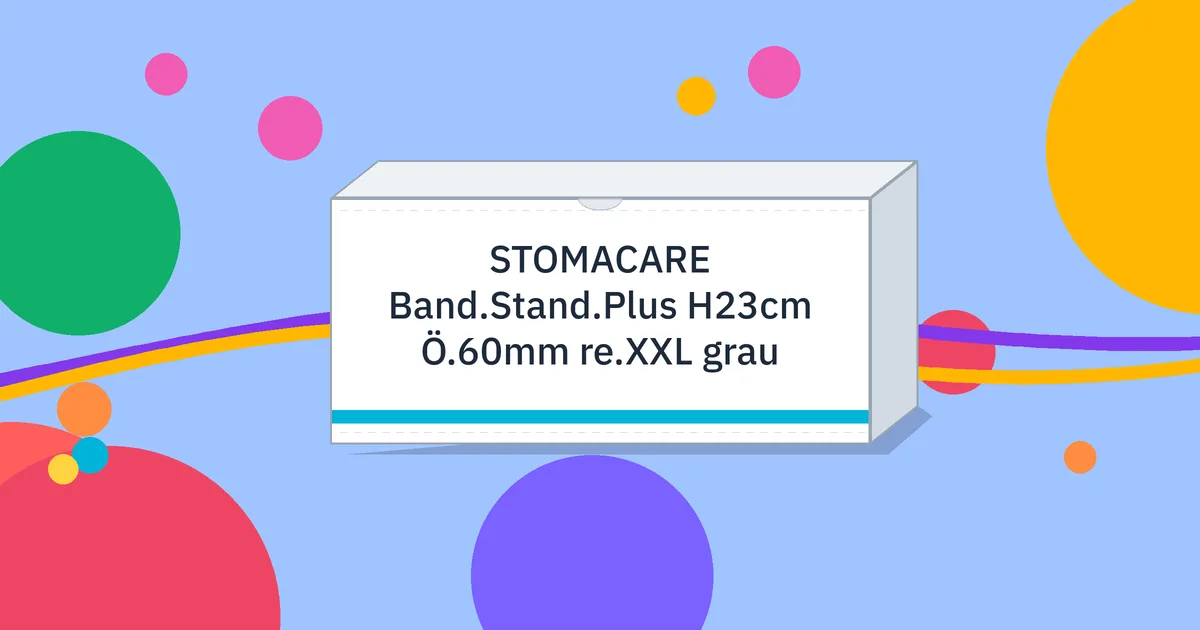 Symbolbild: Packung mit der Aufschrift STOMACARE Band.Stand.Plus H23cm Ö.60mm re.XXL grau (PZN 16750915) – Verfügbarkeit und Bezug in Apotheken in Frankfurt am Main