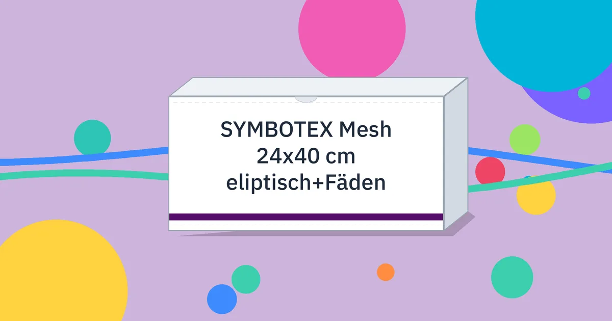 Symbolbild: Packung mit der Aufschrift SYMBOTEX Mesh 24x40 cm eliptisch+Fäden (PZN 10631339) – Verfügbarkeit und Bezug in Apotheken in Frankfurt am Main