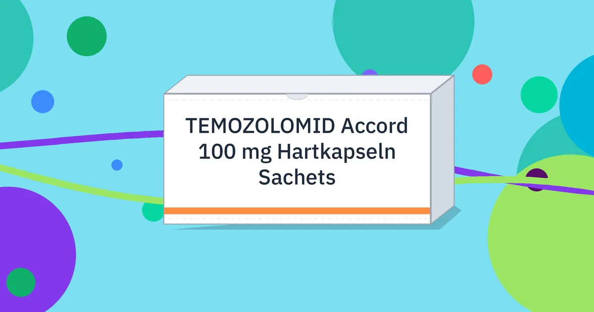 Symbolbild: Packung mit der Aufschrift TEMOZOLOMID Accord 100 mg Hartkapseln Sachets (PZN 16625535) – Verfügbarkeit und Bezug in Apotheken in Frankfurt am Main